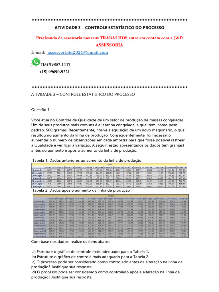 Atividade 3 Controle Estatístico Do Processo | PDF | Estatísticas
