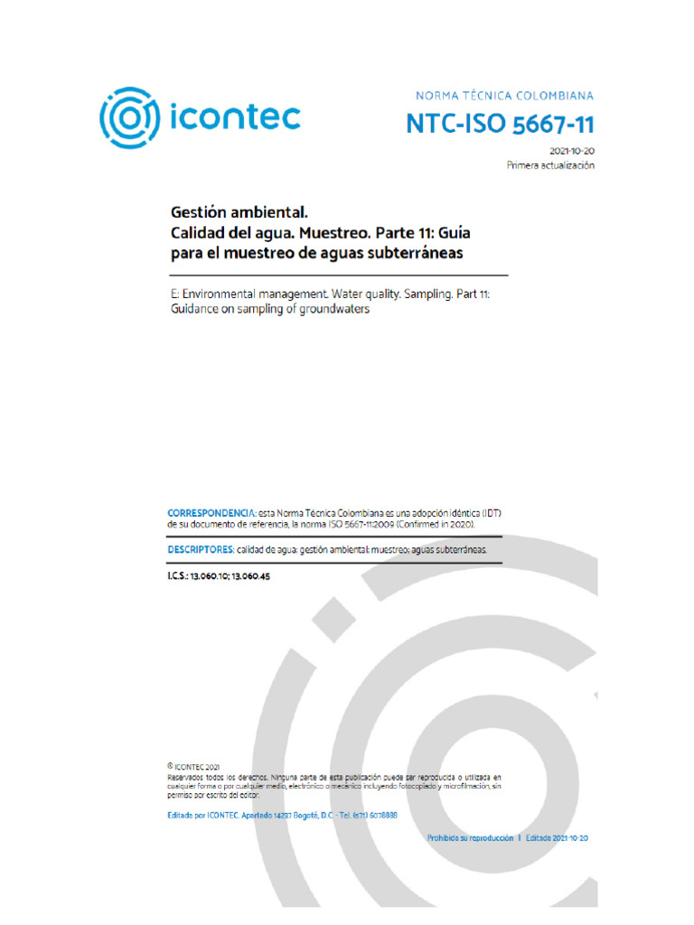 NTC 5667-11 (2021) Calidad Del Agua. Muestreo. Guía para El Muestreo de Aguas Subterráneas. | PDF