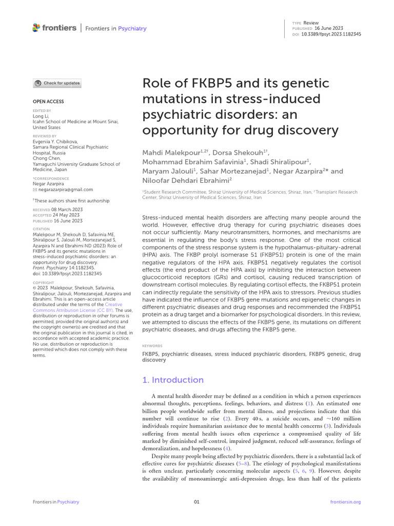 Role of FKBP5 and Its Genetic Mutations in Stress-Induced Psychiatric ...
