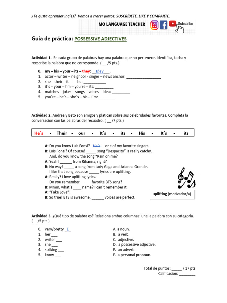 Guía de Práctica: Adjetivos Posesivos | PDF | Semantic Units ...