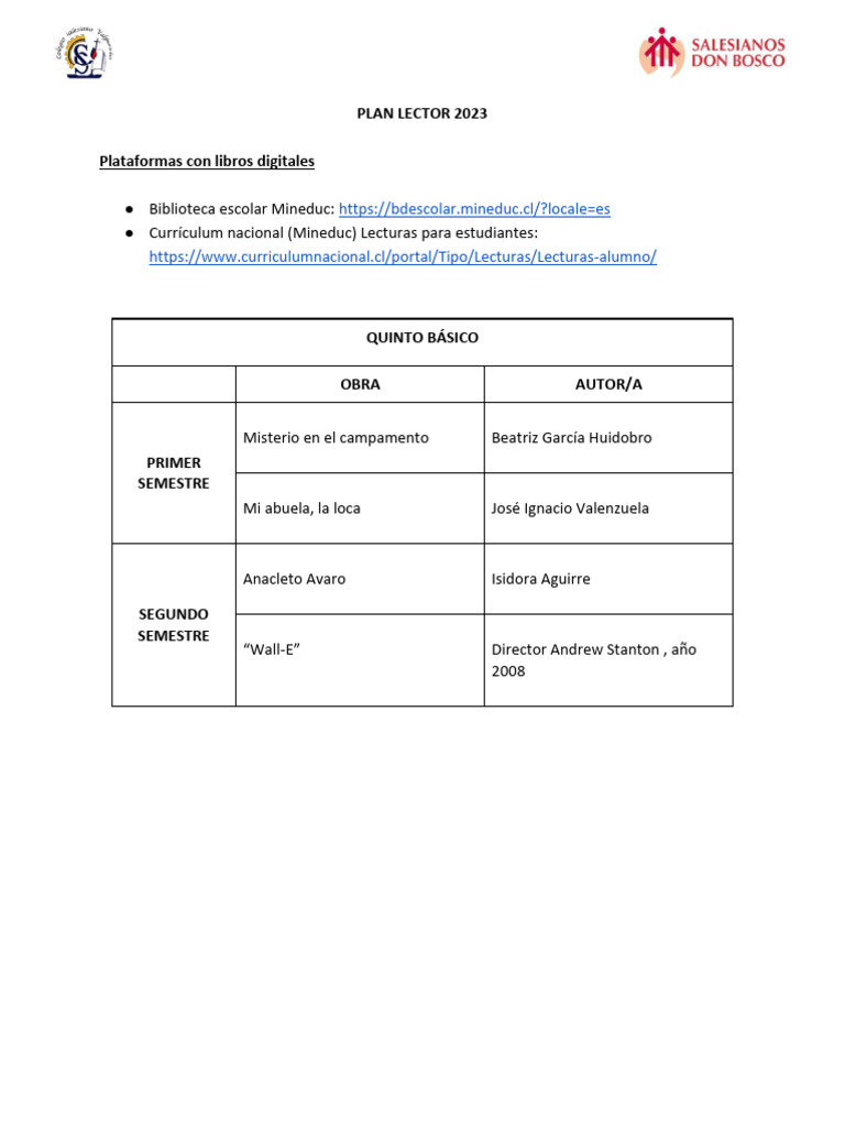 Plan Lector para Quinto Básico 2023 | PDF