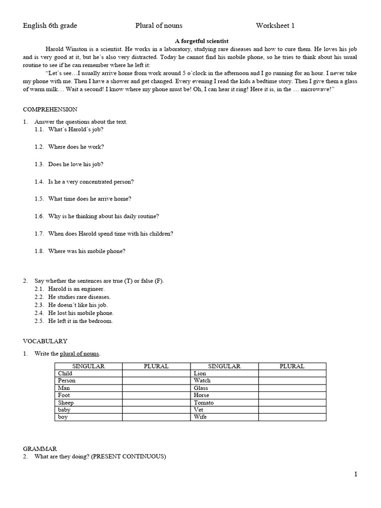 Plural of Nouns - Worksheet 1 | PDF | Plural | English Language