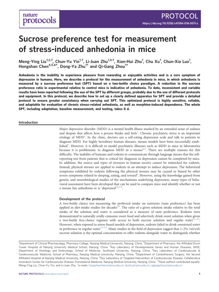 Sucrose Preference Test Protocol for Mice | PDF | Major Depressive ...
