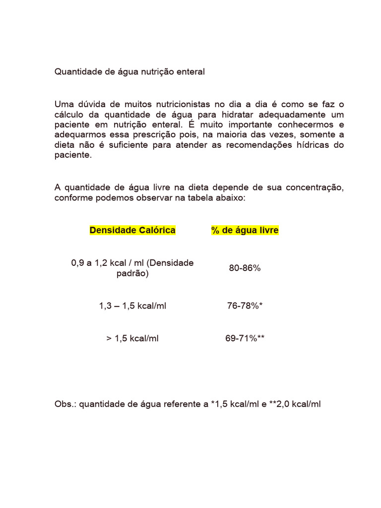 Quantidade de Água Nutrição Enteral | PDF