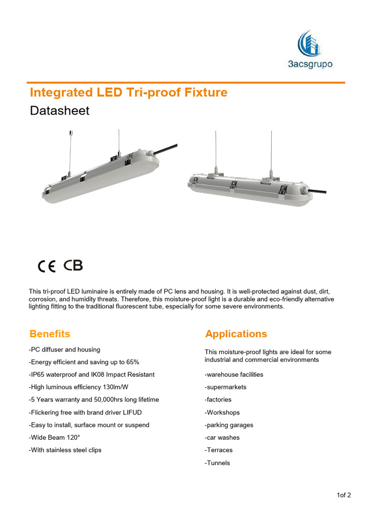 Datasheet Integrated LED Tri-Proof Light | PDF | Technology & Engineering