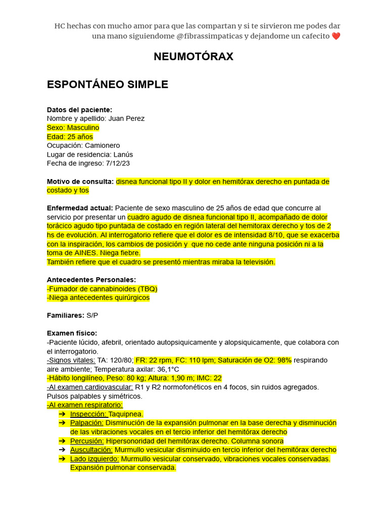 HC Torax CX Clinicas @fibrassimpaticas | PDF | Medicina CLINICA | Especialidades Medicas