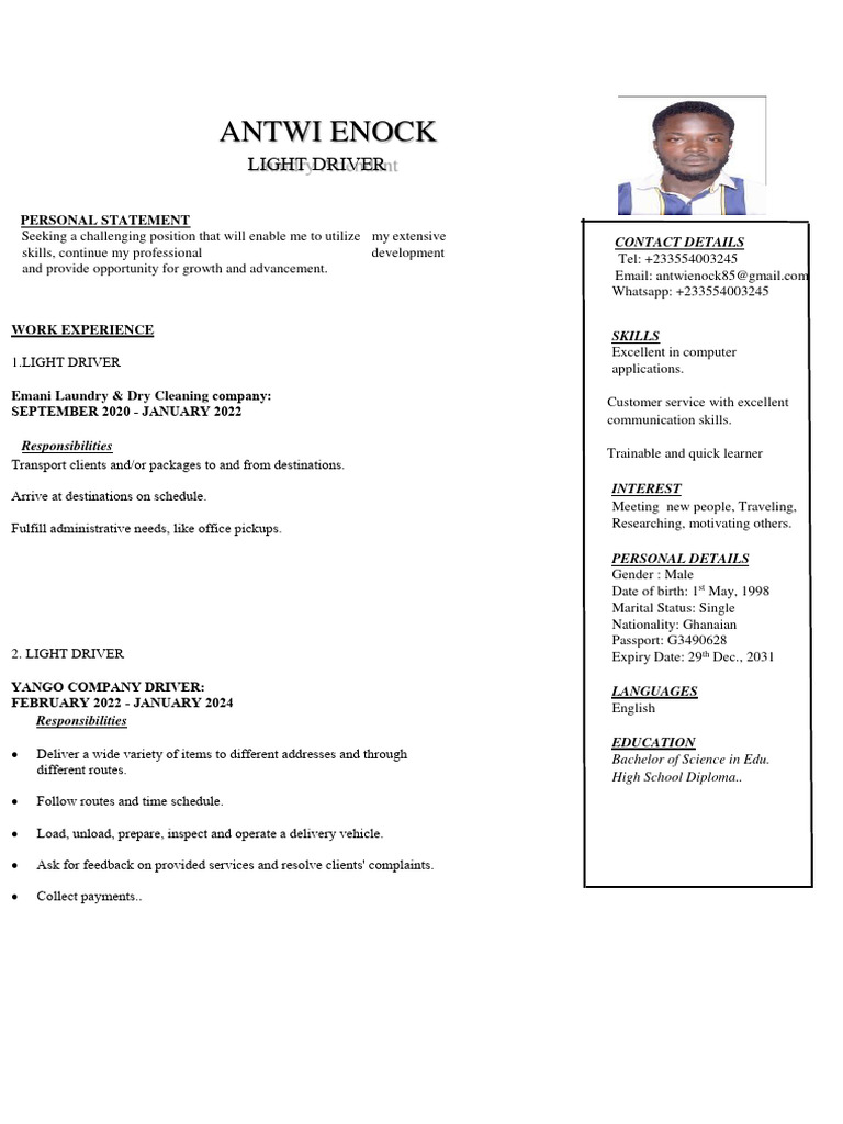 Antwi Enock CV - Light Driver | PDF