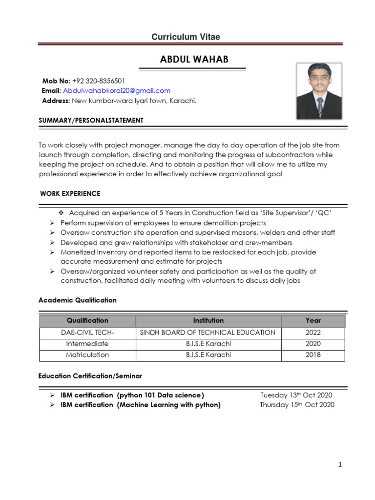 Abdul Wahab CV | Download Free PDF | Business