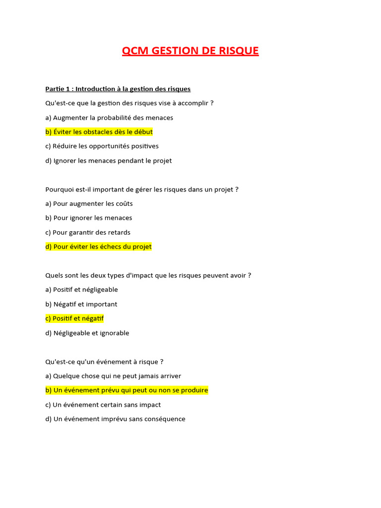 QCM Gestion de Risque | PDF | Risque | Gestion des risques