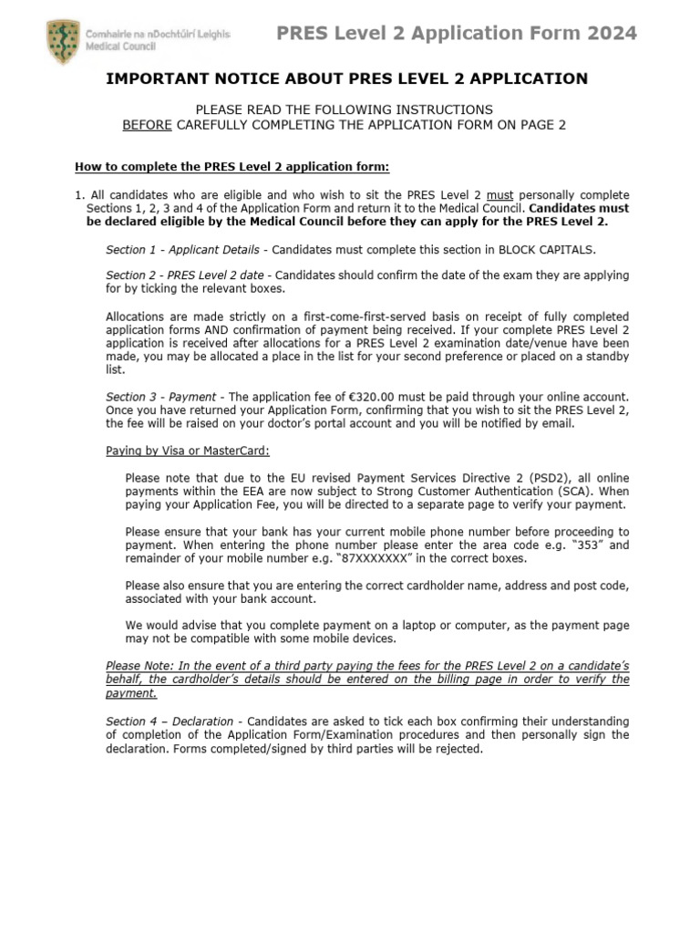 Pres Level 2 Application Form Dublin 2024 | PDF