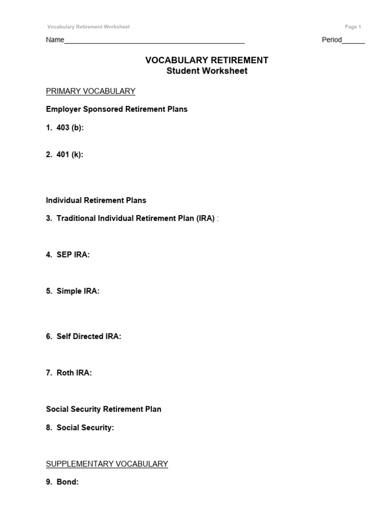 Retirement Vocabulary Worksheet | PDF | Pension | Individual Retirement ...