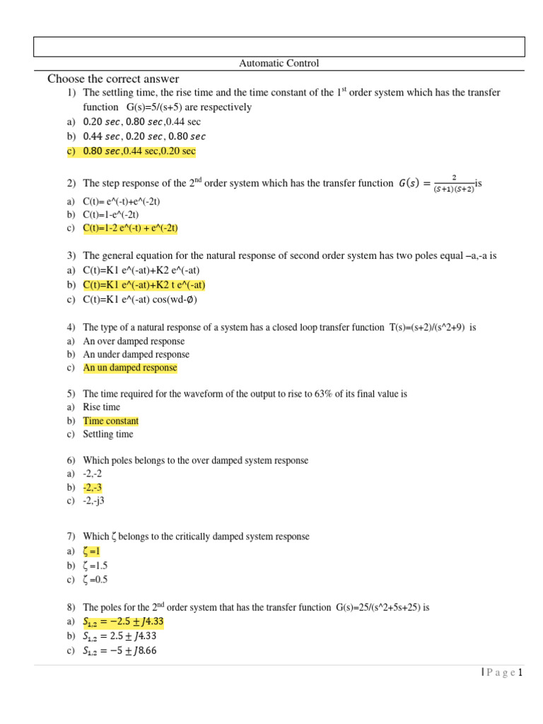 MCQ Control | PDF | Damping | Control Theory
