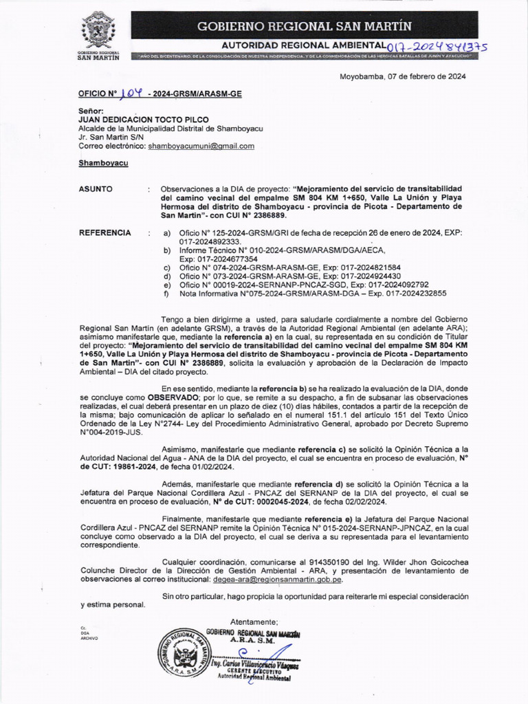 Oficio Nº104 2024 GRSM Arasm Ge | PDF | Negocios | Ciencia y matemáticas