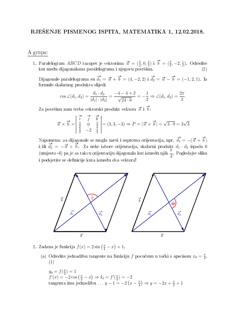 Rje Enje Pismenog Ispita, Matematika 1, 12.02.2018. A Grupa | PDF