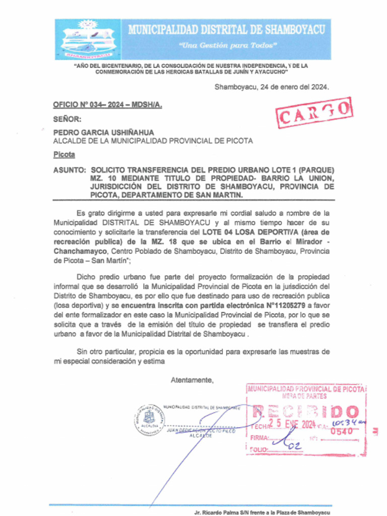 Oficio N°034-2024 - Sol de Tranferencia de Losa | PDF