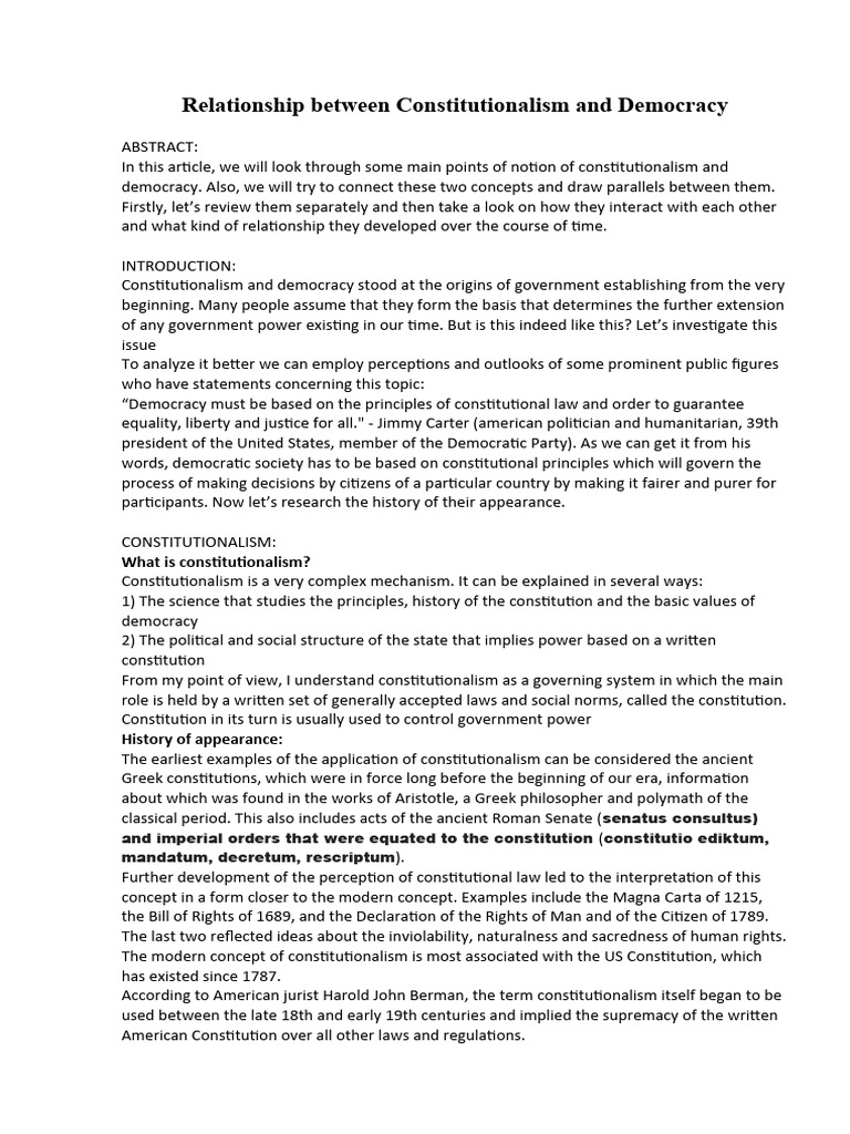 Relationship Between Constitutionalism And Democracy Pdf Democracy