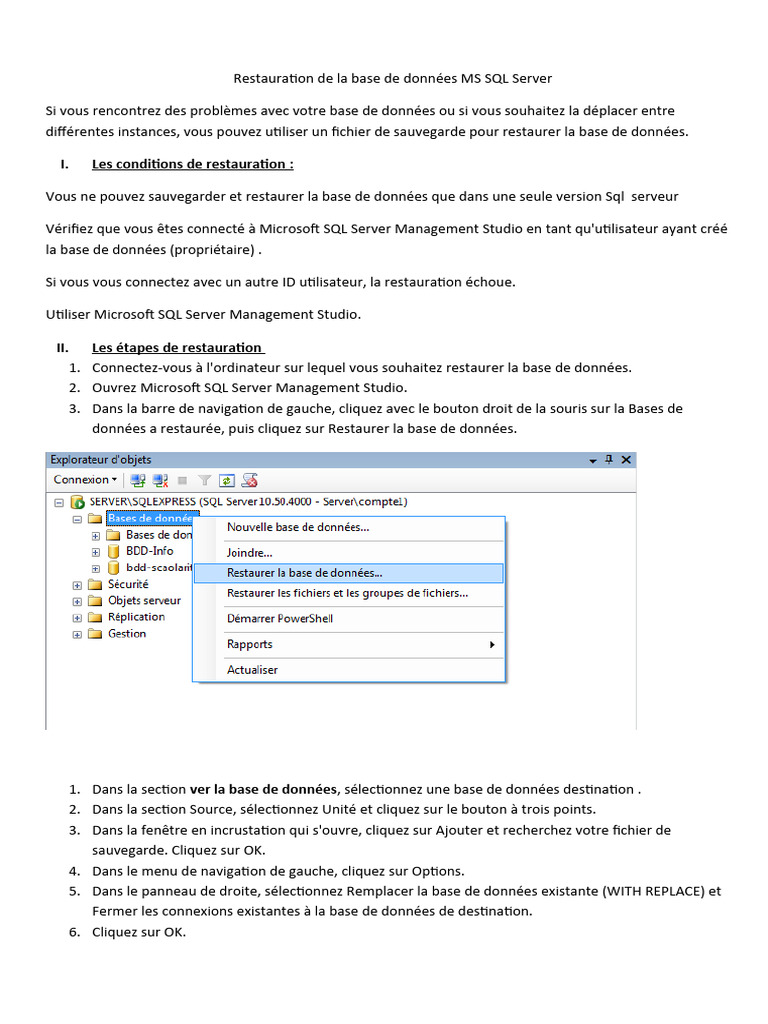 Restauration de La Base de Données MS SQL Server | PDF