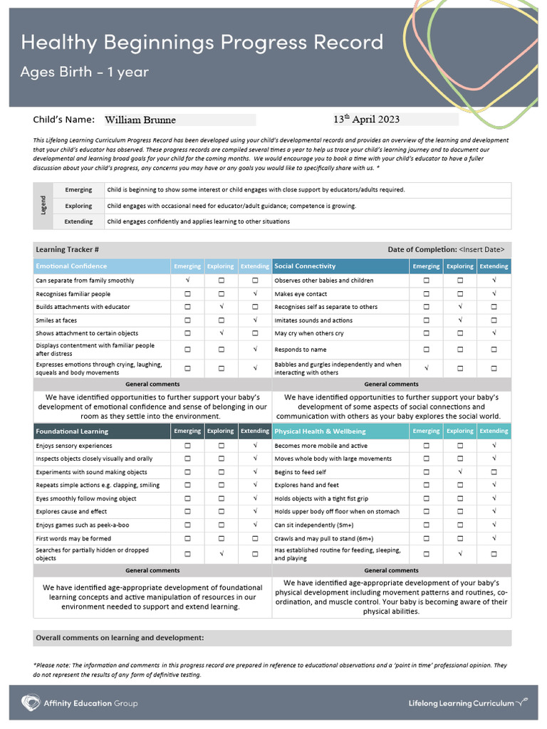FRM 1-F43 Healthy Beginnings Progress Record - William Brunne | PDF | Attachment Theory | Learning