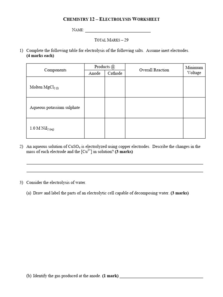Electrolysis Worksheet 2kbt9to | PDF | Anode | Electrode