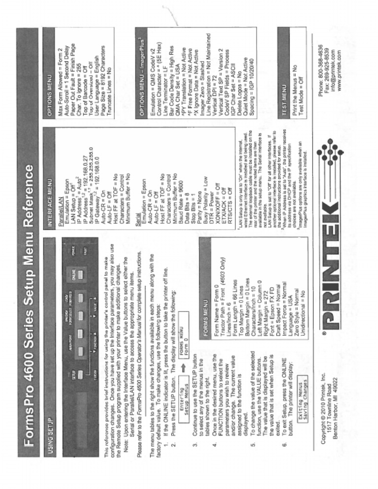 Printek 4603 Menus | PDF