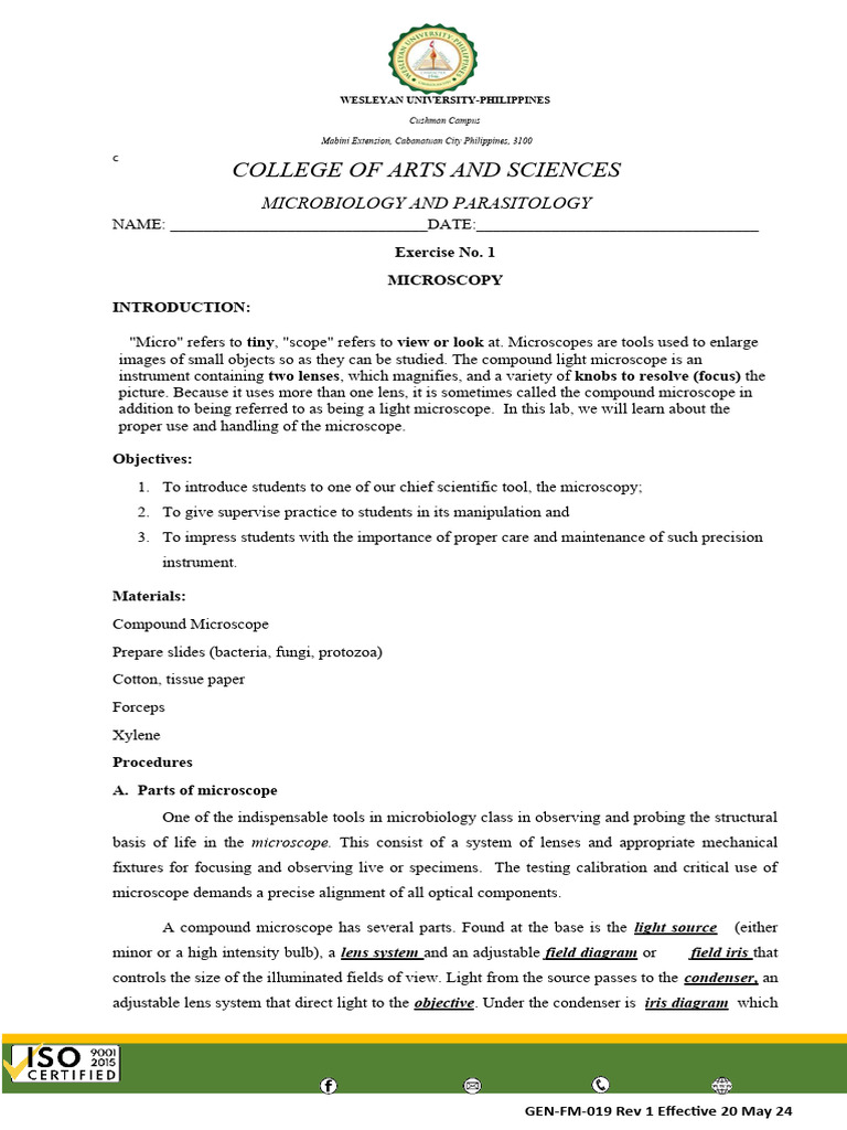 MICROPARA-lab-exercise-1-Microscopy | PDF | Microscope | Optics MICROPARA-lab-exercise-1-Microscopy | PDF | Microscope | Optics