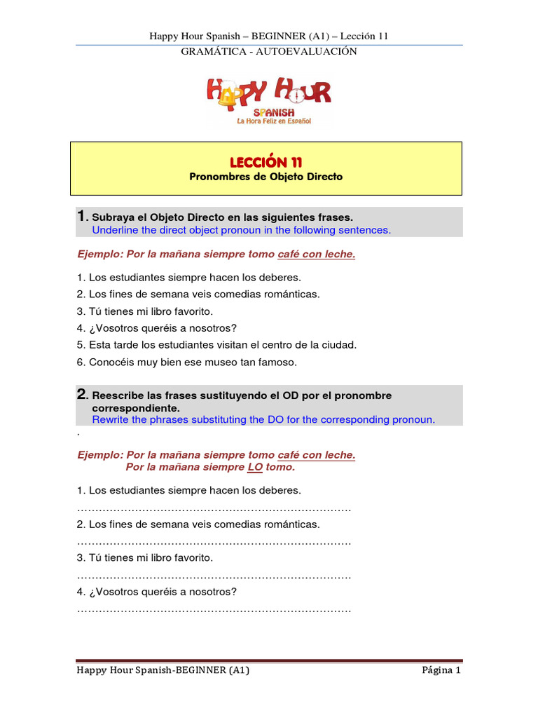 Pronombres de Objeto Directo en Español | PDF | Artes del Lenguaje y ...