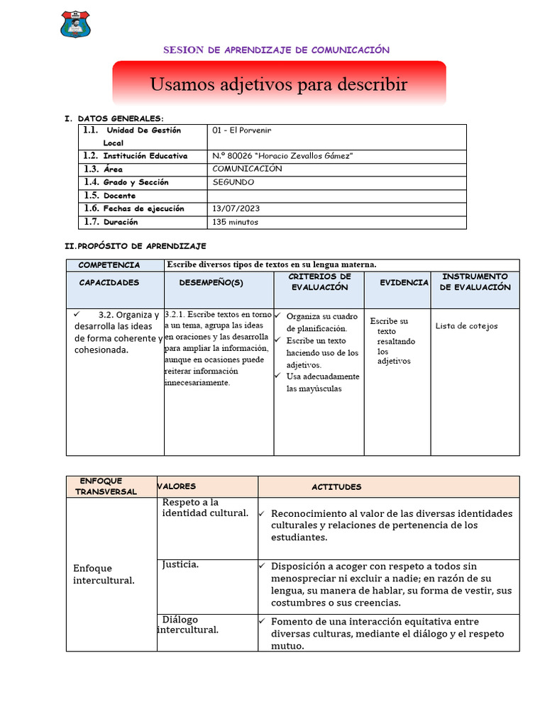 4° Usamos Adjetivos para Describir | PDF | Evaluación | Adjetivo