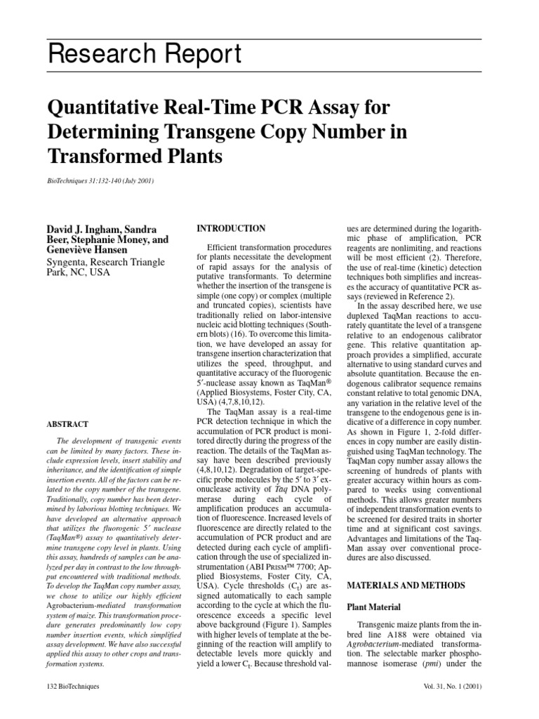 Ingham Et Al 2018 Quantitative Real Time Pcr Assay For Determining Transgene Copy Number In