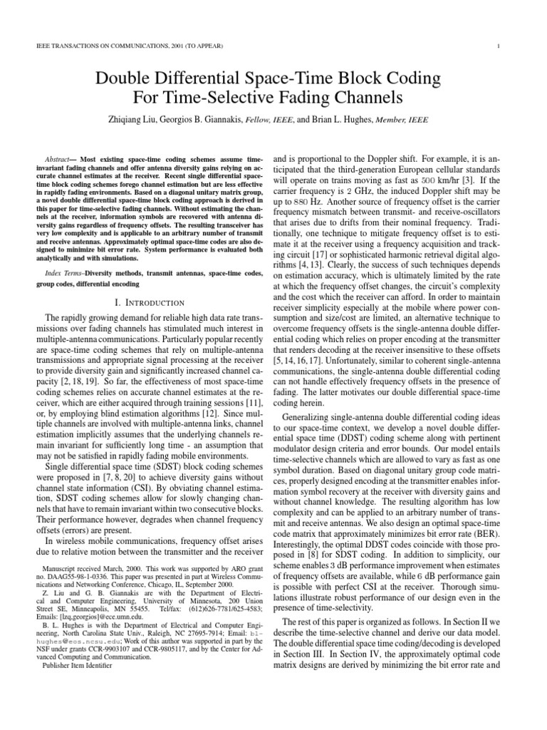 Double Differential Space-Time Block Coding For Time-Selective Fading Channels | PDF | Matrix ...