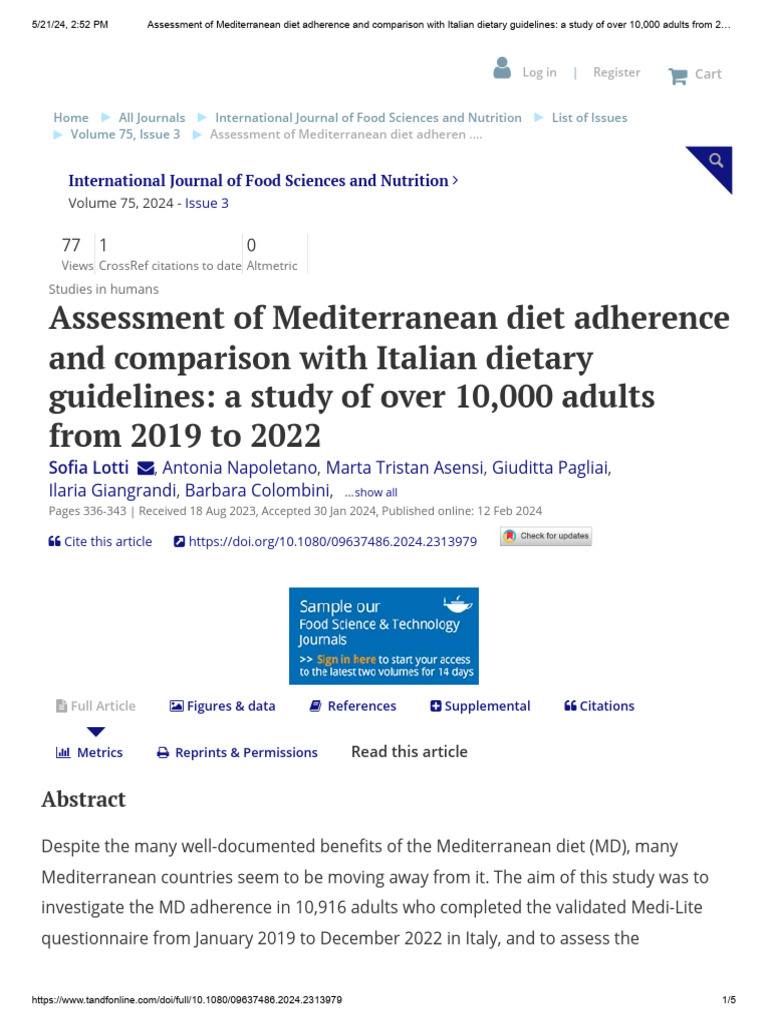 Assessment of Mediterranean Diet Adherence and Comparison With Italian ...