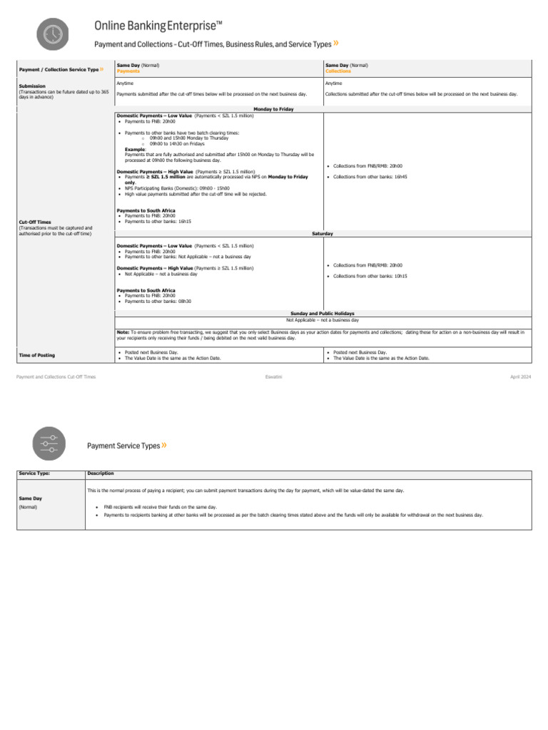 Eswatini Payment Cut-Off Times 2024 | PDF | Payments | Money