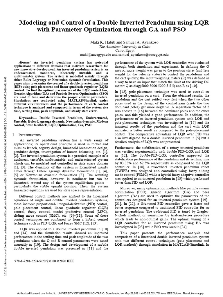 Double Inverted Pendulum Control LQR Optimization | PDF | Control ...