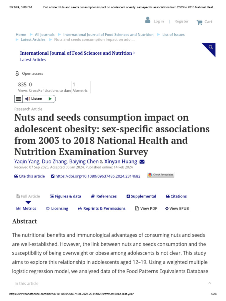 Nuts and Seeds Consumption Impact On Adolescent Obesity: Sex-Specific Associations From 2003 To ...