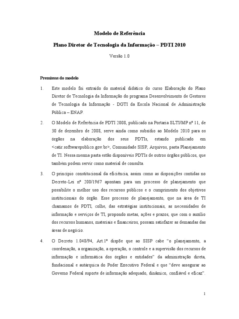 Modelo de Referência de PDTI 2010 | PDF | Gestão de recursos humanos | Planejamento
