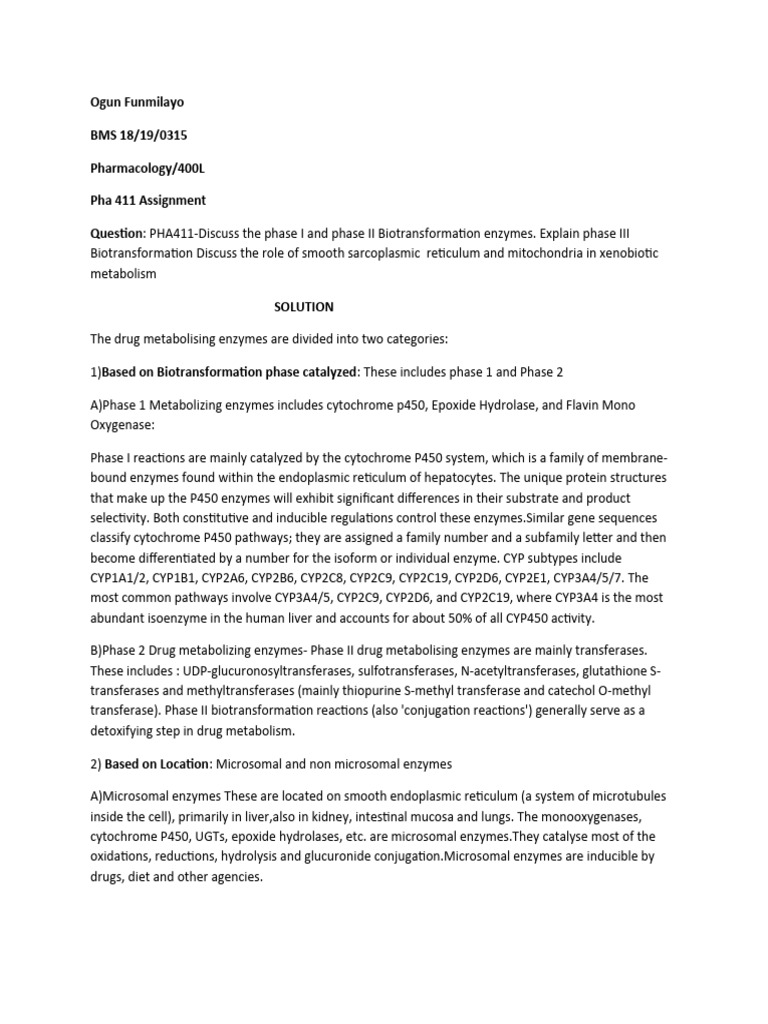 Ogun Funmilayo Pha 411 Assignment | PDF | Drug Metabolism | Cytochrome P450