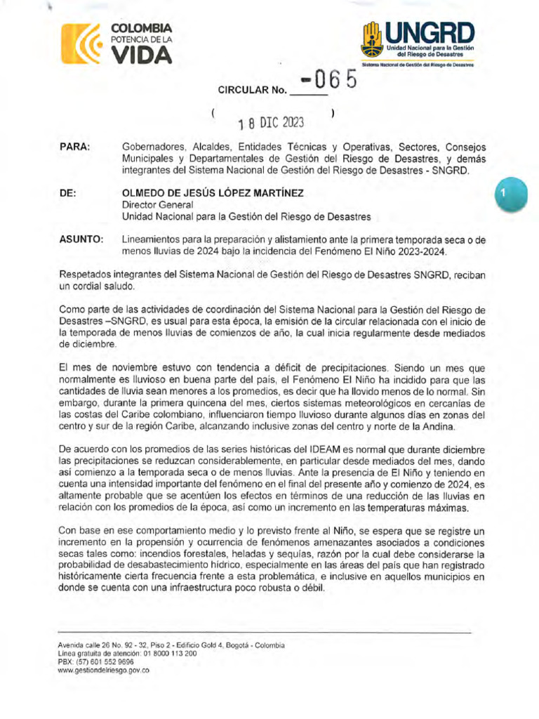 Circular 065 de 18 de Diciembre 2023 | PDF | Tormentas | Precipitación