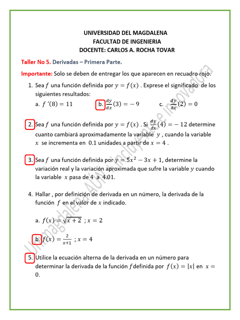 Taller No. 5. Derivada - Primera Parte. | PDF | Derivado | Velocidad