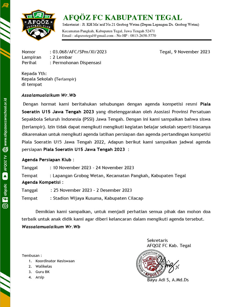 Dispensasi Soeratin U15 - AFQOZ FC | PDF