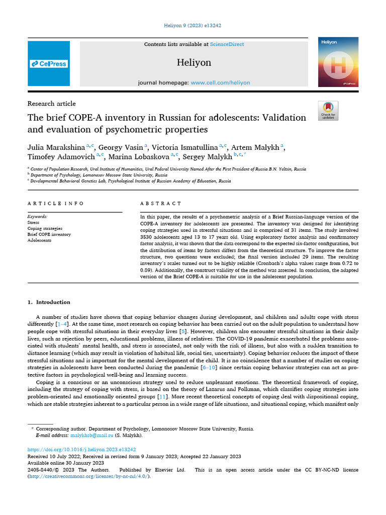 The Brief COPE-A Inventory in Russian For Adolescents Validation | PDF ...
