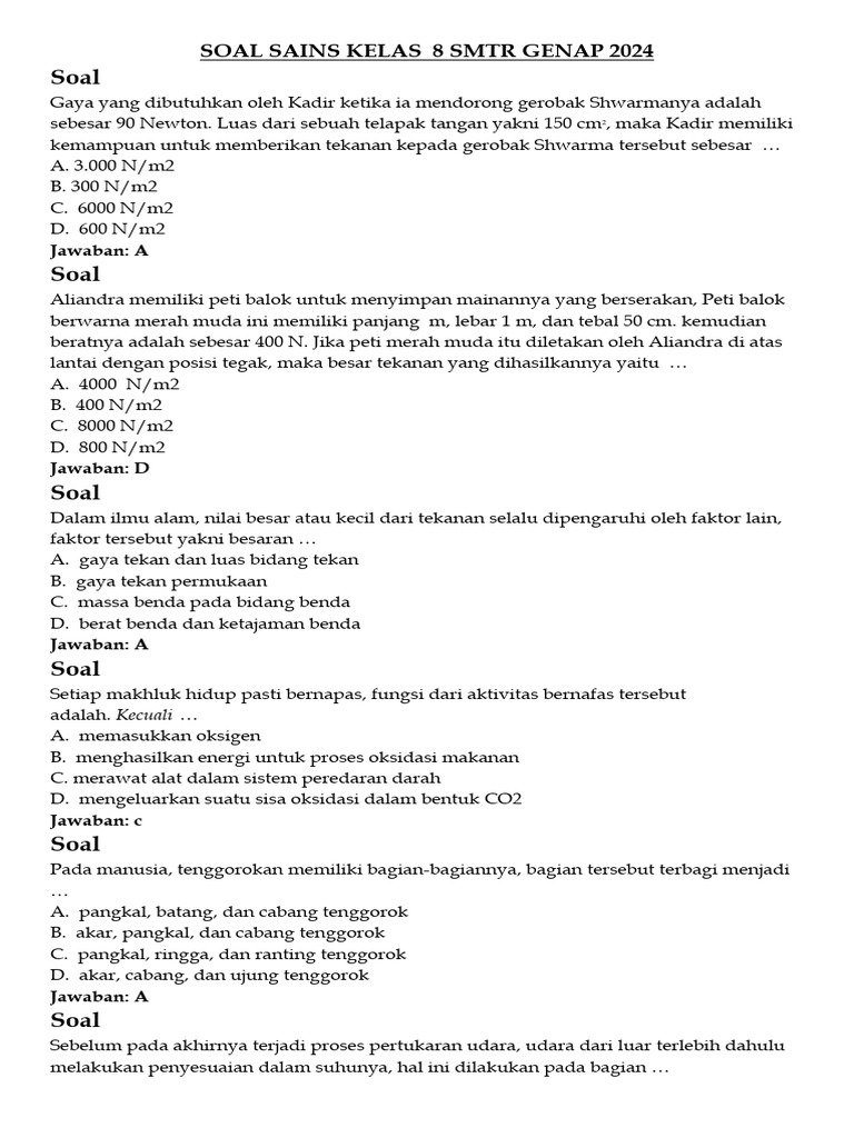 Soal Sains Kelas 8 SMTR Genap 2024 | PDF | Ilmu Sosial | Kajian Bahasa Asing