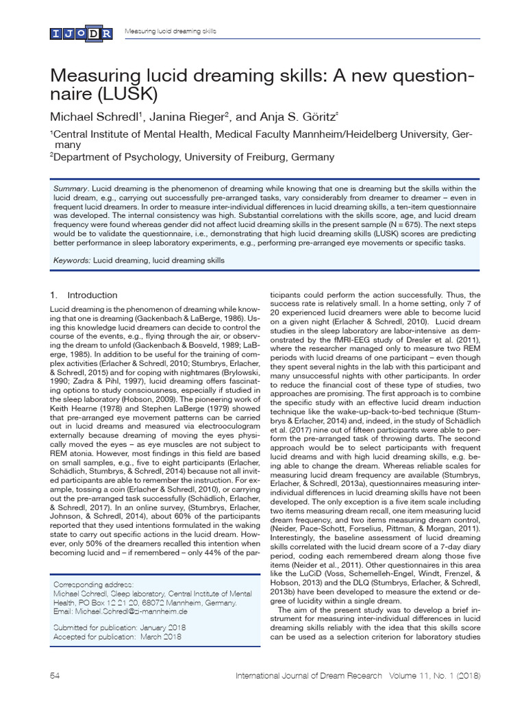 Measuring Lucid Dreaming Skills A New Question-Naire | PDF | Lucid ...