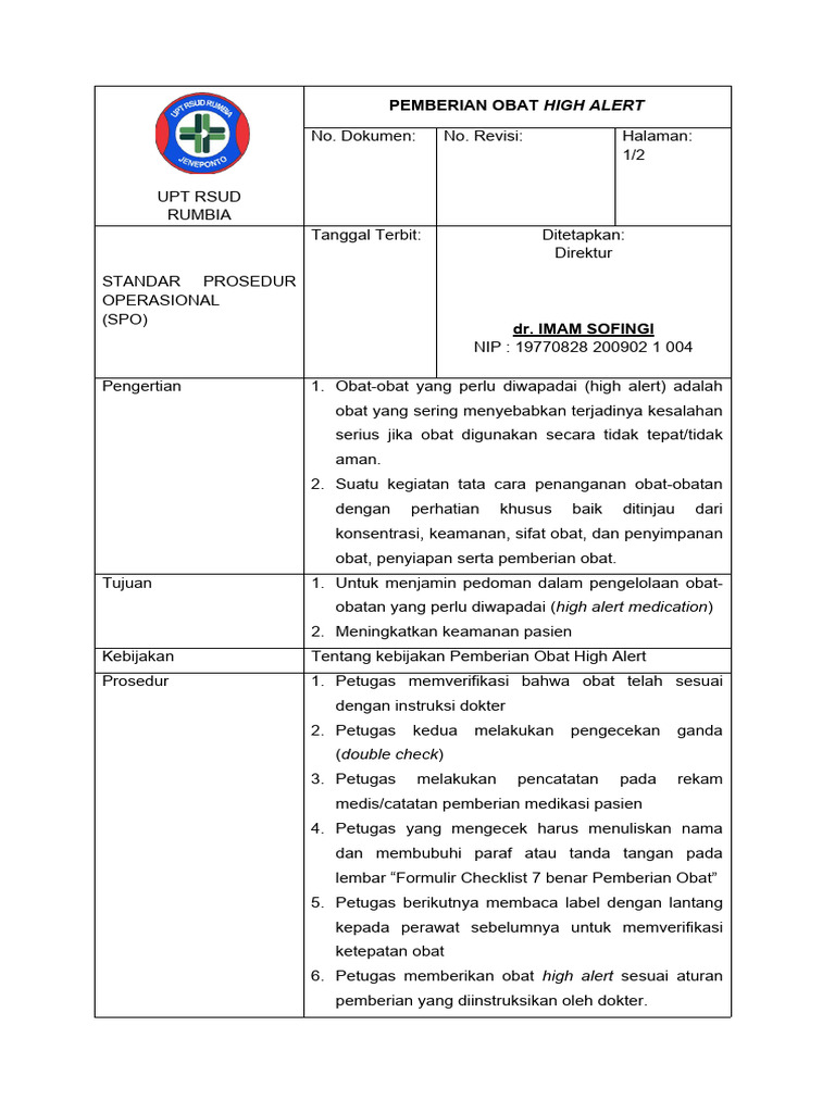 Sop - Pemberian High Alert | PDF