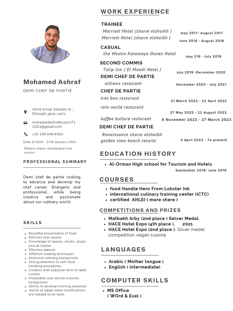Mohamed Ashraf CV | PDF | Chef | Cooking