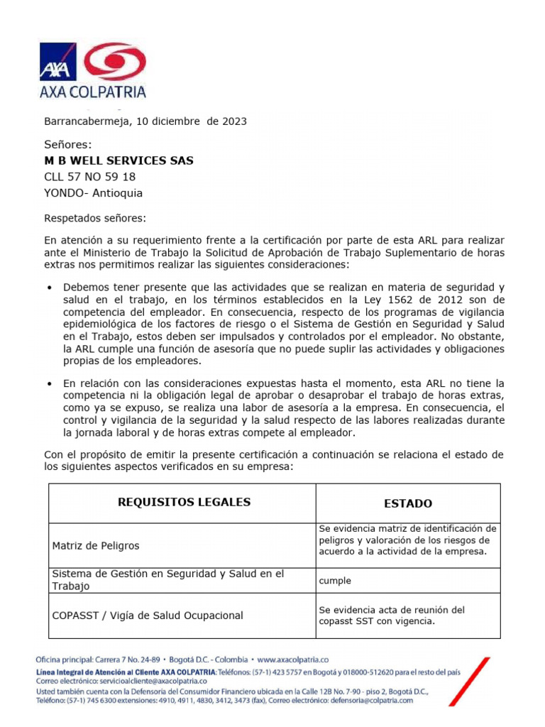 Certificación ARL para Horas Extras | PDF | Business | Radiación
