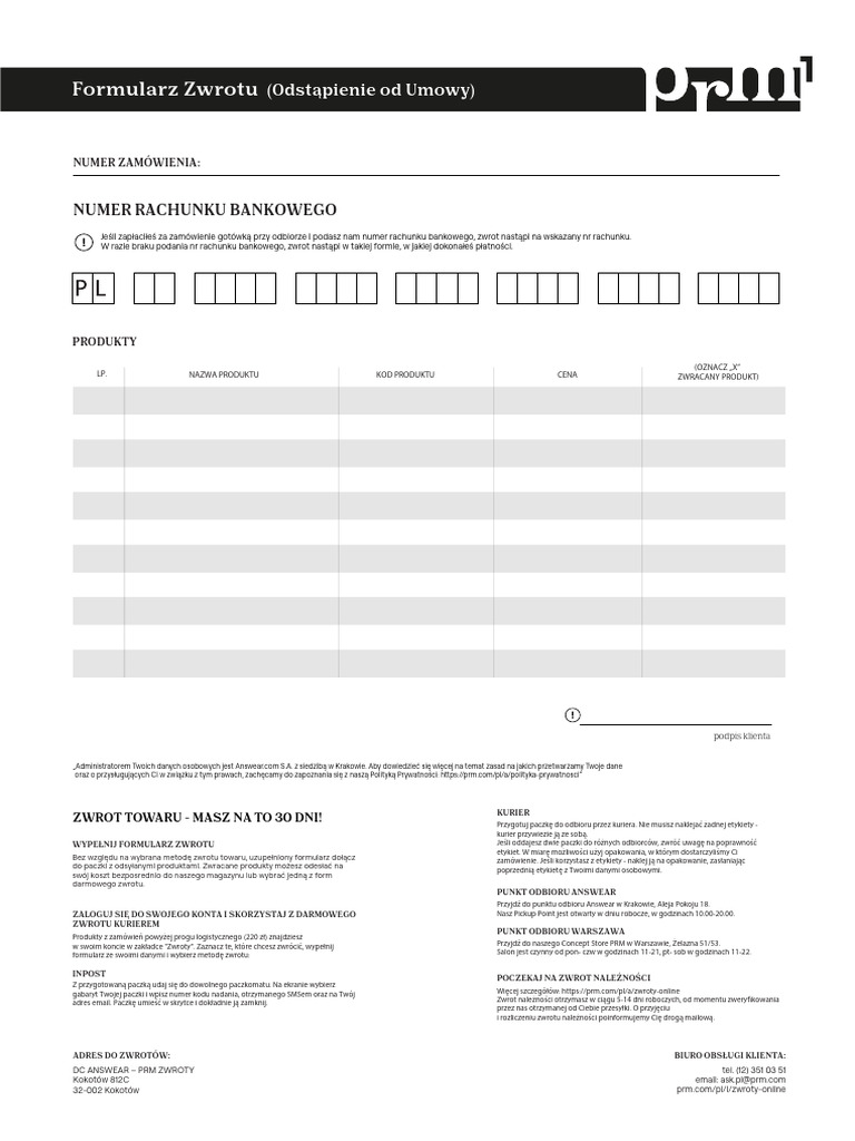 PRM - Formularz Zwrotu - Online PL | PDF