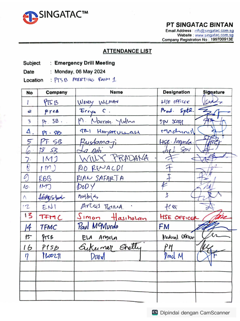 Attendance List Emergency Drill Meeting Merakes | PDF