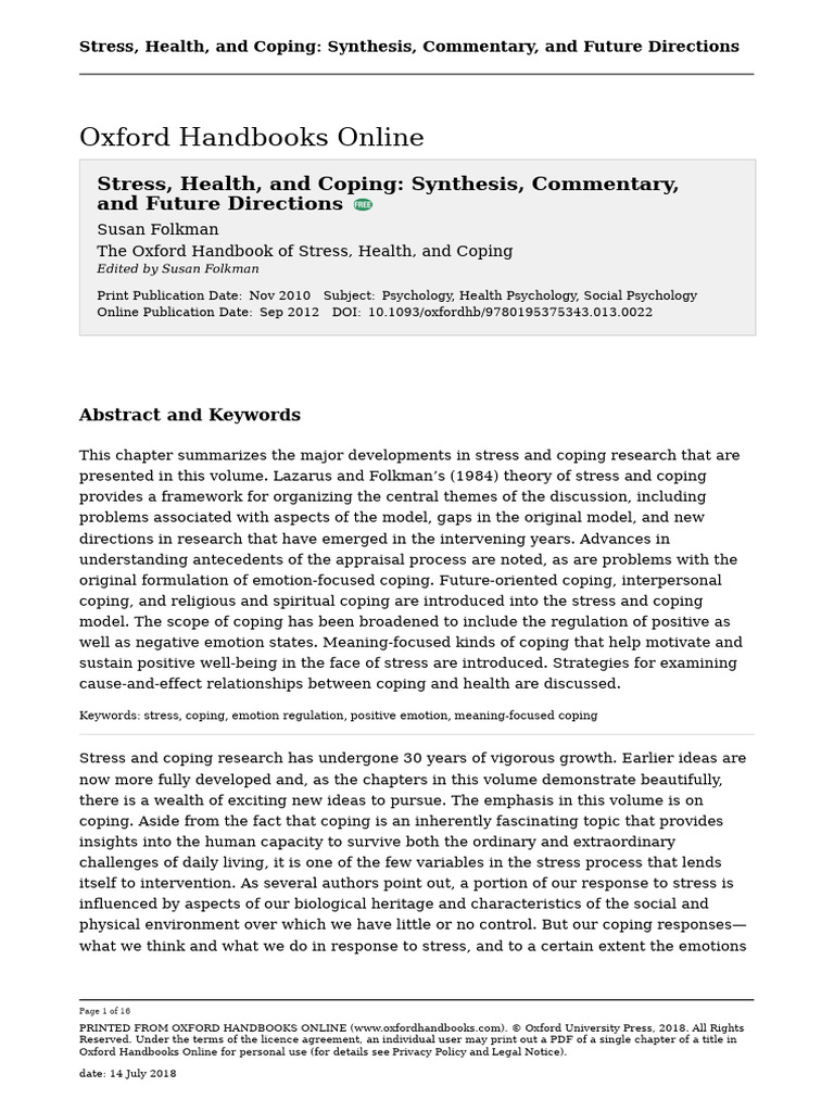 Stress, Health, and Coping: Synthesis, Commentary, and Future ...