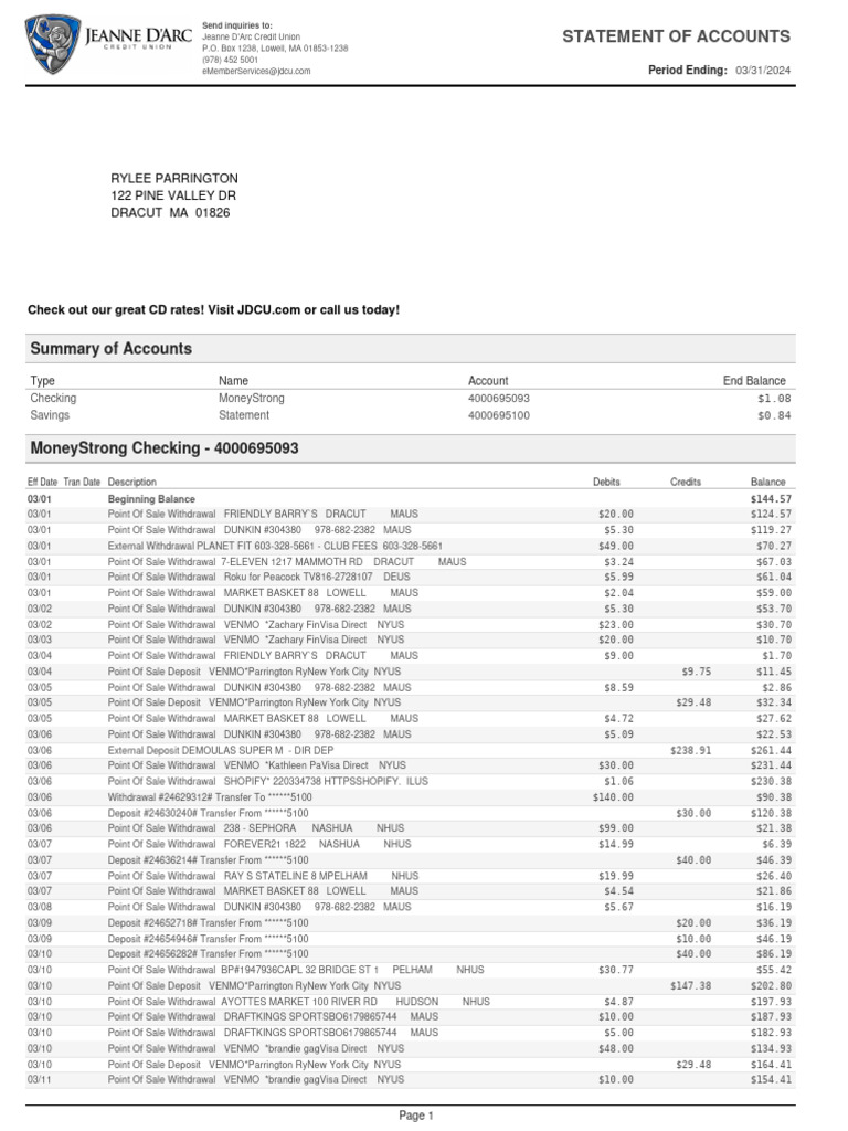 JDCU Account Statement Summary | PDF | Overdraft | Banking Technology