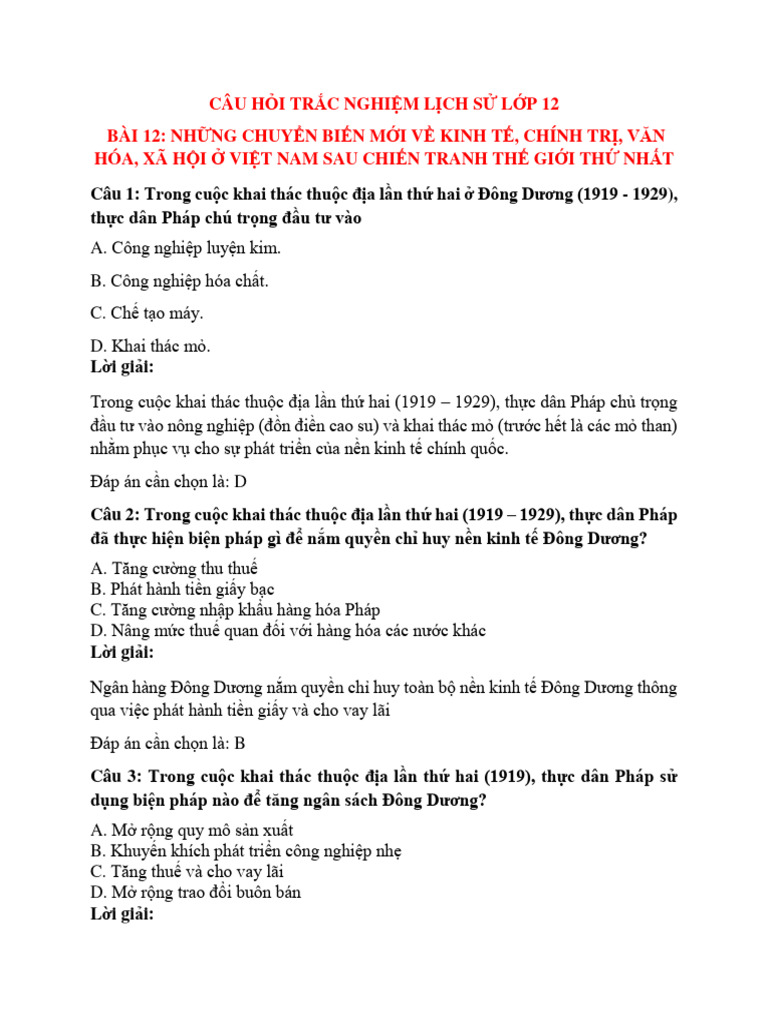 93 Cau Trac Nghiem Lich Su 12 Bai 12 Co Dap An 2023 Phong Trao Dan Toc Dan Chu o Viet Nam Tu Nam ...