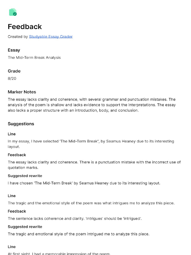 Essay Feedback - The Mid-Term Break Analysis | PDF